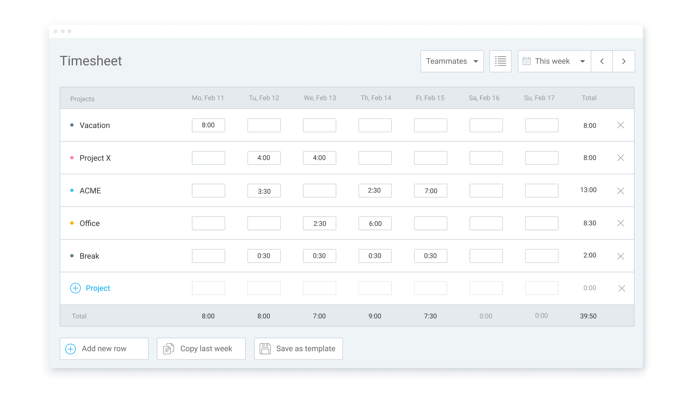 Planilla de horarios - Funciones de Clockify