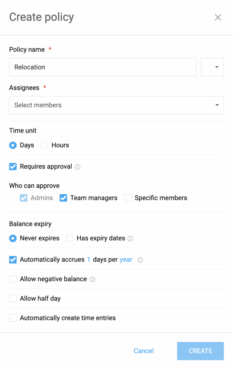 Create & manage time off policy - Clockify Help