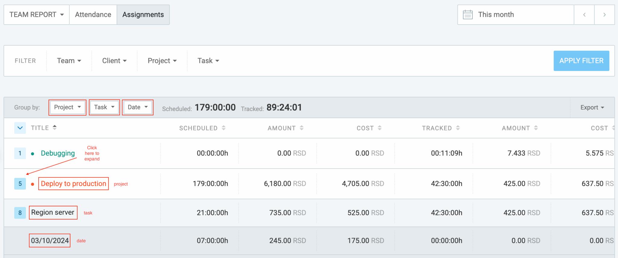 Assignments report - Clockify Help