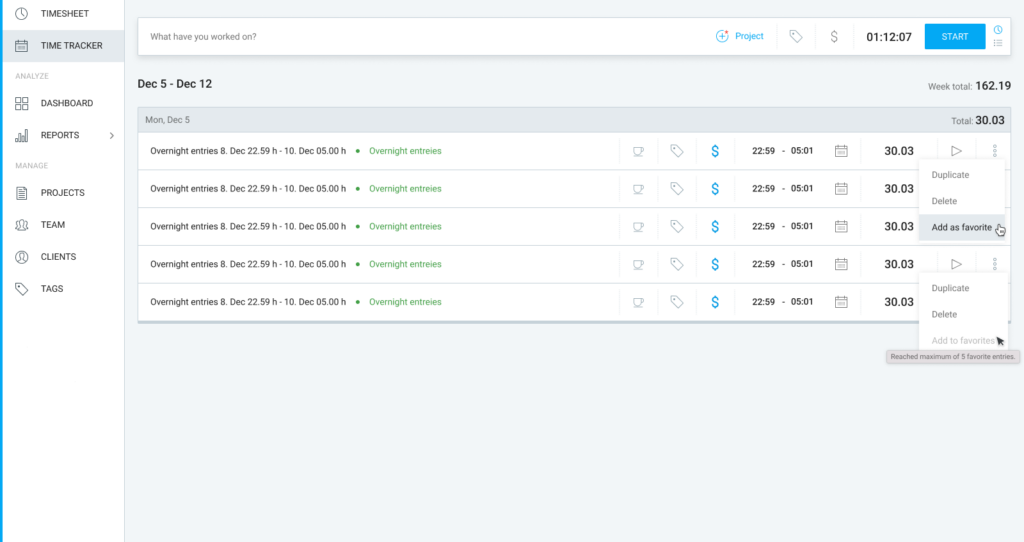 Mark time entry as favorite - Clockify Help