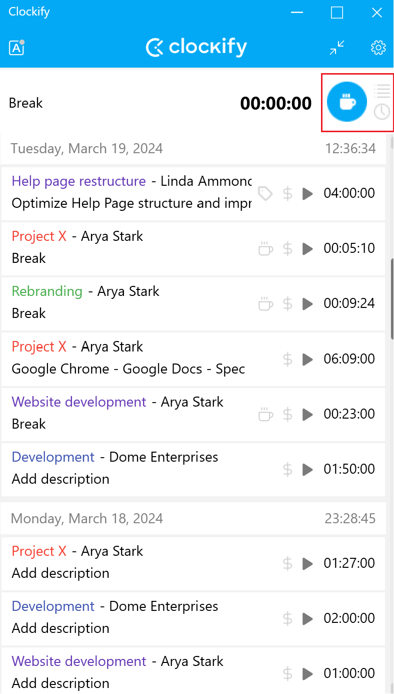 Aplicativo para Windows do Clockify
