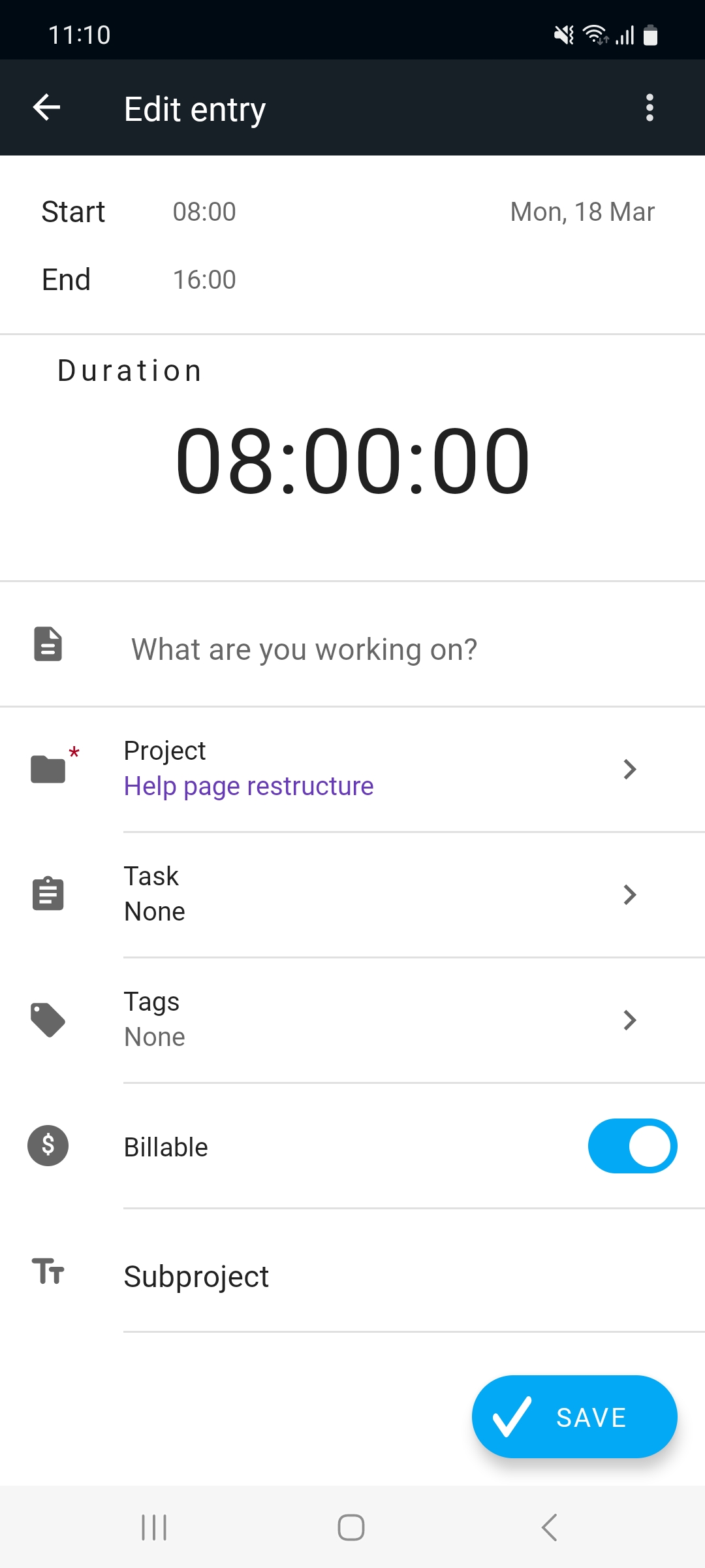 Aplicación Clockify para Android