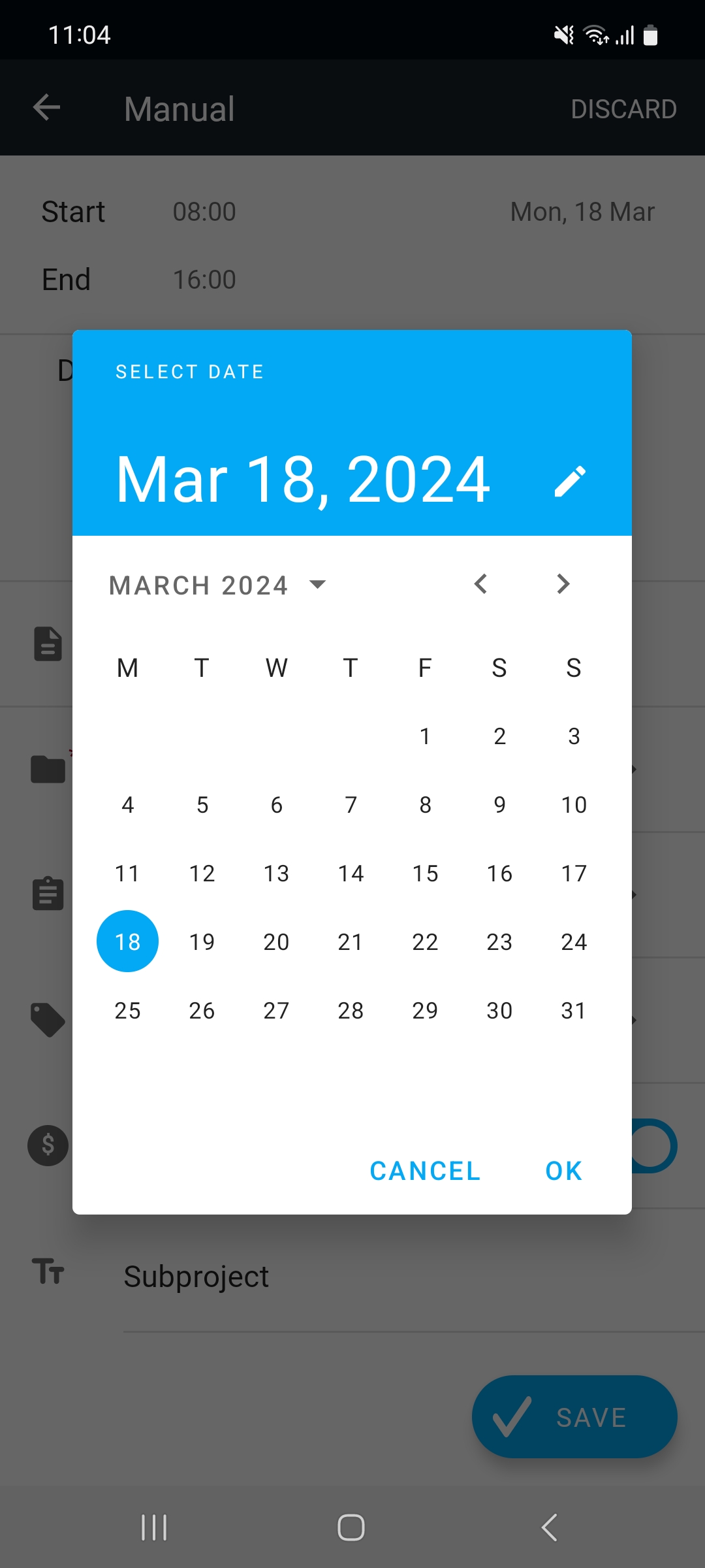 Aplicación Clockify para Android