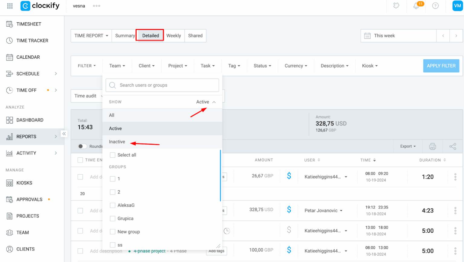 How to view the time of inactive team members? - Clockify Help