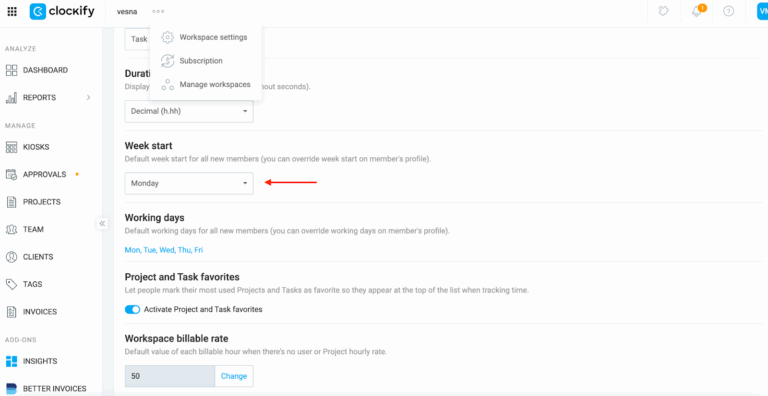 Unable to change the Week Start setting - Clockify Help